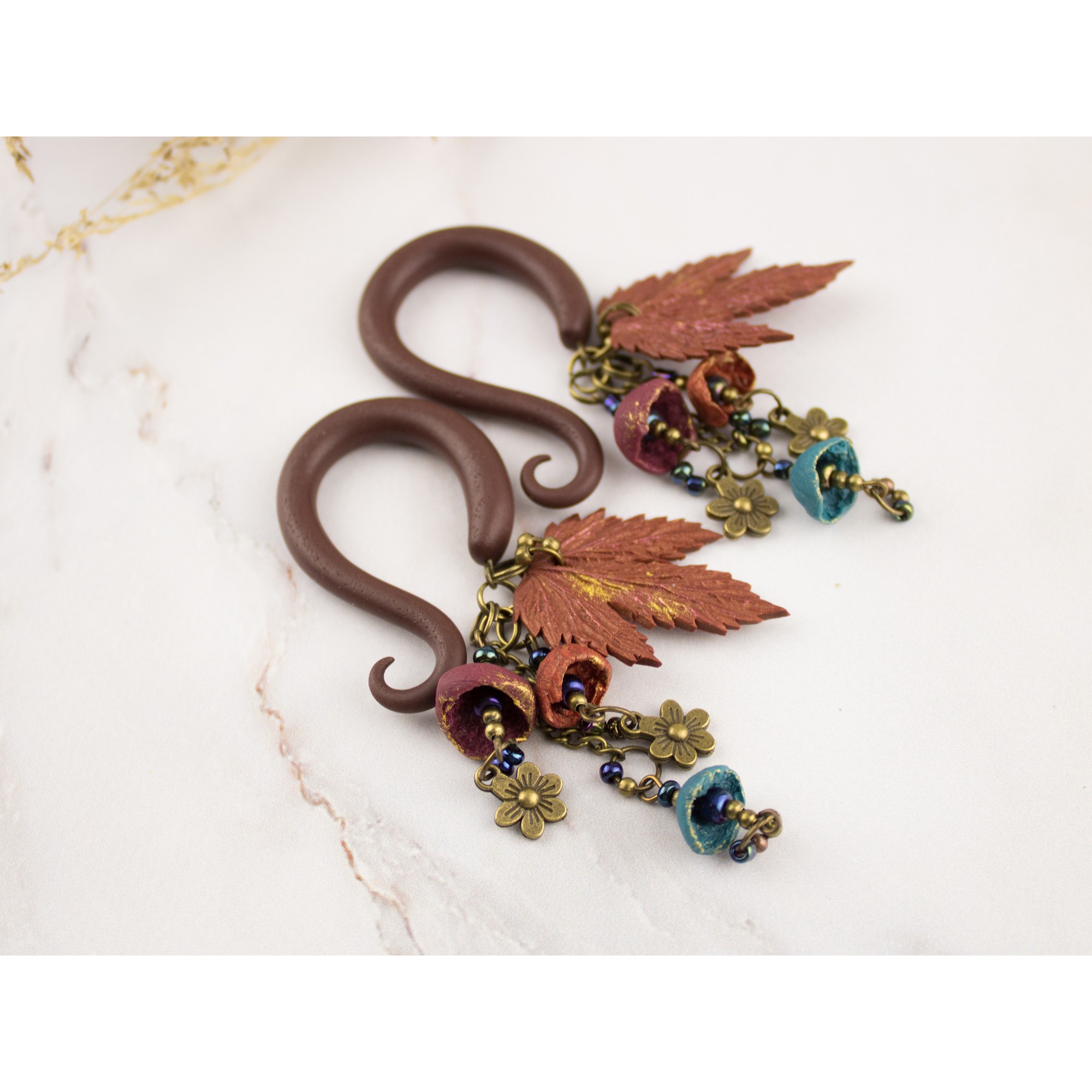 Unique gauges with copper leaves and handmade charms